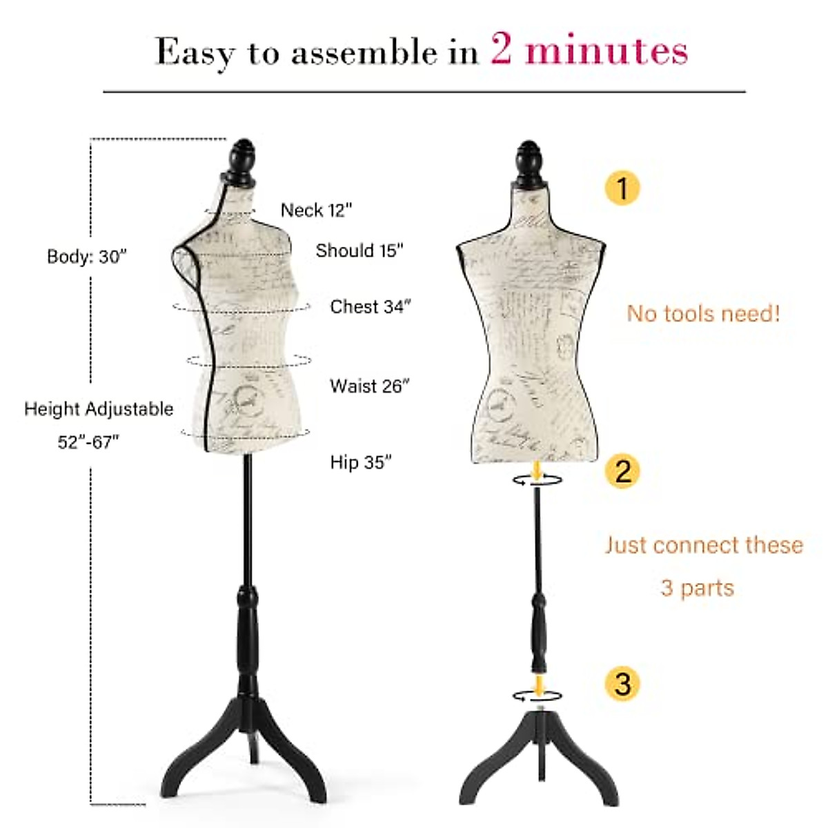 HOMBOUR Female Mannequin Body, Sewing Mannequin Torso Dress Form, Height Adjustable 52-67 inch Mannequin with Stand for Dressmaker Jewelry Display, Ivory