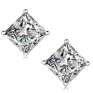 "STUNNING FLAME “18K White Gold Plated Sterling Silver Princess Cut Cubic Zirconia Stud Earrings for men women(w-7)