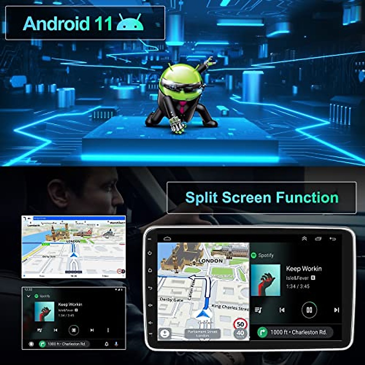 2022 Android 11 Rotating Touch Screen Car Stereo with Apple Carplay Android Auto, 10" Car Radio with Hi-Fi FM/RDS GPS WiFi Double Din Head Unit Support Bluetooth AHD Backup Camera(2+32)