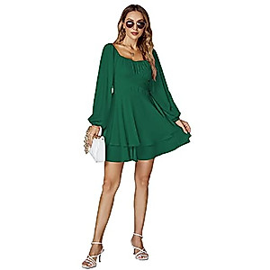 LYANER Women’s Lantern Long Sleeve Wrap Tie Back Square Neck Double Layer Ruffle Hem A Line Short Mini Dress Green Medium