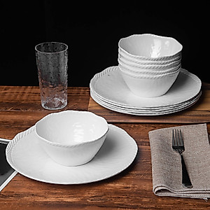 KX-WARE Melamine Plate, 11-inch Dinner Plates with Rope Edge Design, set of 6 White