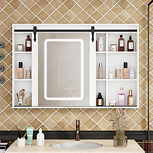 Lovinouse Medicine Cabinet for Bathroom with LED Mirror & Sliding Doors, Extra Large Wall Mounted Storage Cabinet w/ 9 Shelves & Anti-Fog Function, 47.2 X 31.5 Inch, White