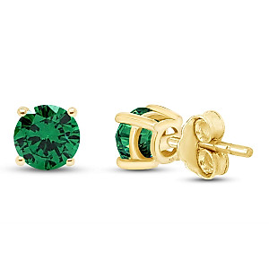 Simulated Green Emerald Round Shape Stud Earrings In 14K Yellow Gold Over Sterling Silver (1 Ct)