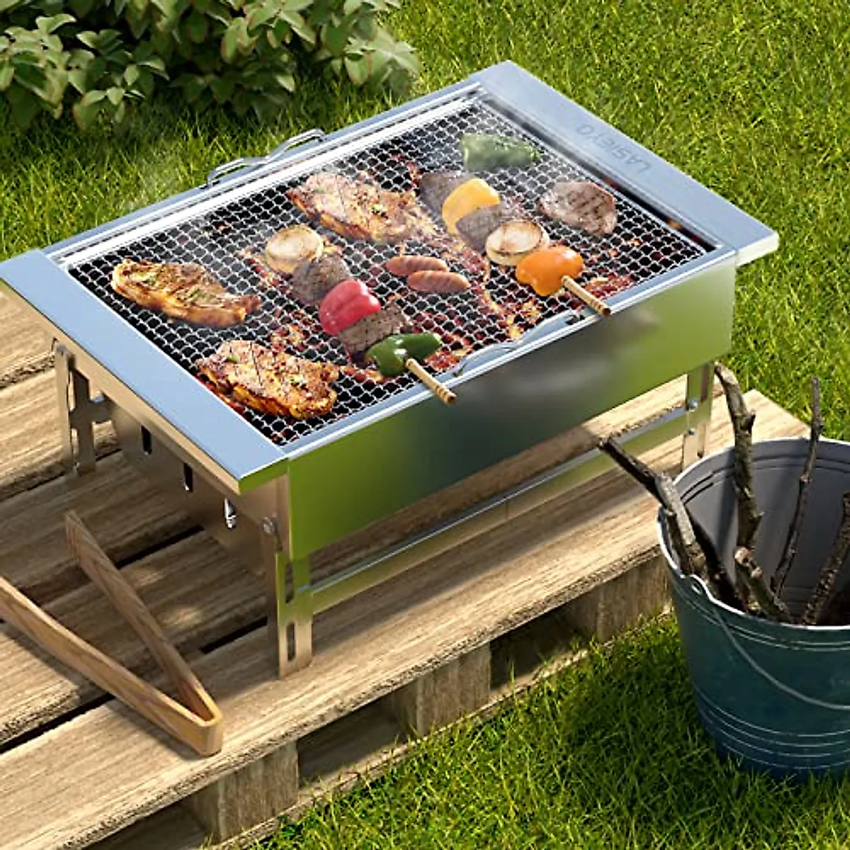 LASIEYO Portable Charcoal Grill, Desk Tabletop Stainless Steel Folding Smoker Barbecue Camping Grill, IGT Camping Table BBQ Grill with Storage Bag for Outdoor Cooking Camping Hiking Picnics Party