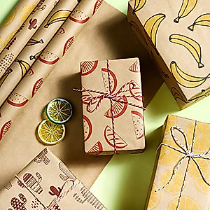 Packanewly Kraft Wrapping Paper Sheet - 6 Sheets Summer Design Reversible Gift Brown Wrap Paper - 17.5 x 30 inches per Sheet