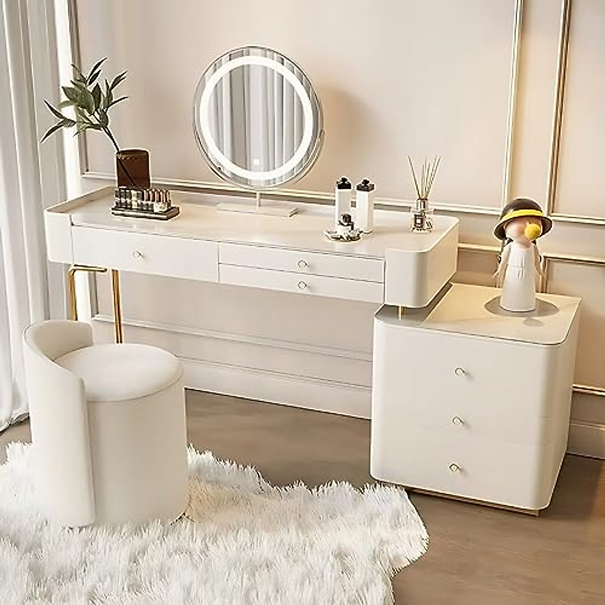 Attega Makeup Vanity Set, Vanity Table with Slate Tabletop, Dressing Table Set with Round Makeup Stool with Backrest for Bedroom