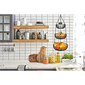 CAXXA 3-Tier Hanging Basket Fruit Organizer Kitchen Heavy Duty Wire Organizer with 2 Free Bonus Metal Ceiling Hooks, Black