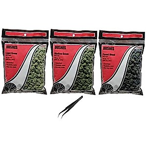 Woodland Scenics Bushes, Light Green, Medium Green, and Forest Blend (Pack of 3) - with Make Your Day Curved Tweezers