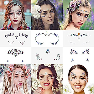 URAQT Face Gems Glitter, 6 Pcs Face Glitter Festival Face Stickers Set, Crystals Stick on Gems for Eyes Body, Self-adhesive Rhinestone Temporary Tattoos Festival Decorations