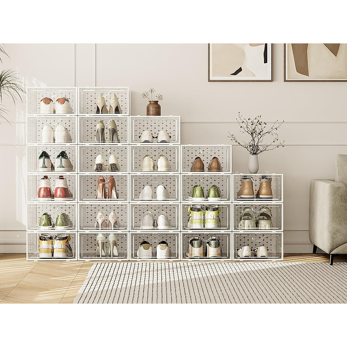 Pinkpum Shoe Storage Boxes, Shoe Organizer for Closet Clear, Shoe Boxes Clear Plastic Stackable, Folable Storage Bins with Lids,12 Pack