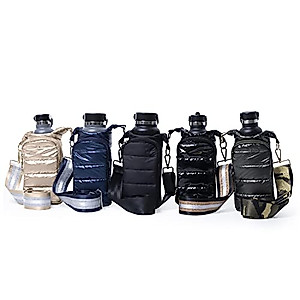 WanderFull Crossbody HydroBag - Water Bottle Holder - Quilted Bottle Bag - Water Bottle Carrier with Strap - Unisex Puffer Tote for Water Bottle (Matte Black with Black Strap)