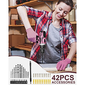 Drill Set, OUBEL 12V Cordless Drill Pink with 42 Acessories, Pink Power Drill Cordless with 3/8" Keyless Chuck, Built-in LED, 2 Variable Speed, Pink Drill for DIY Home Projects, Around the House