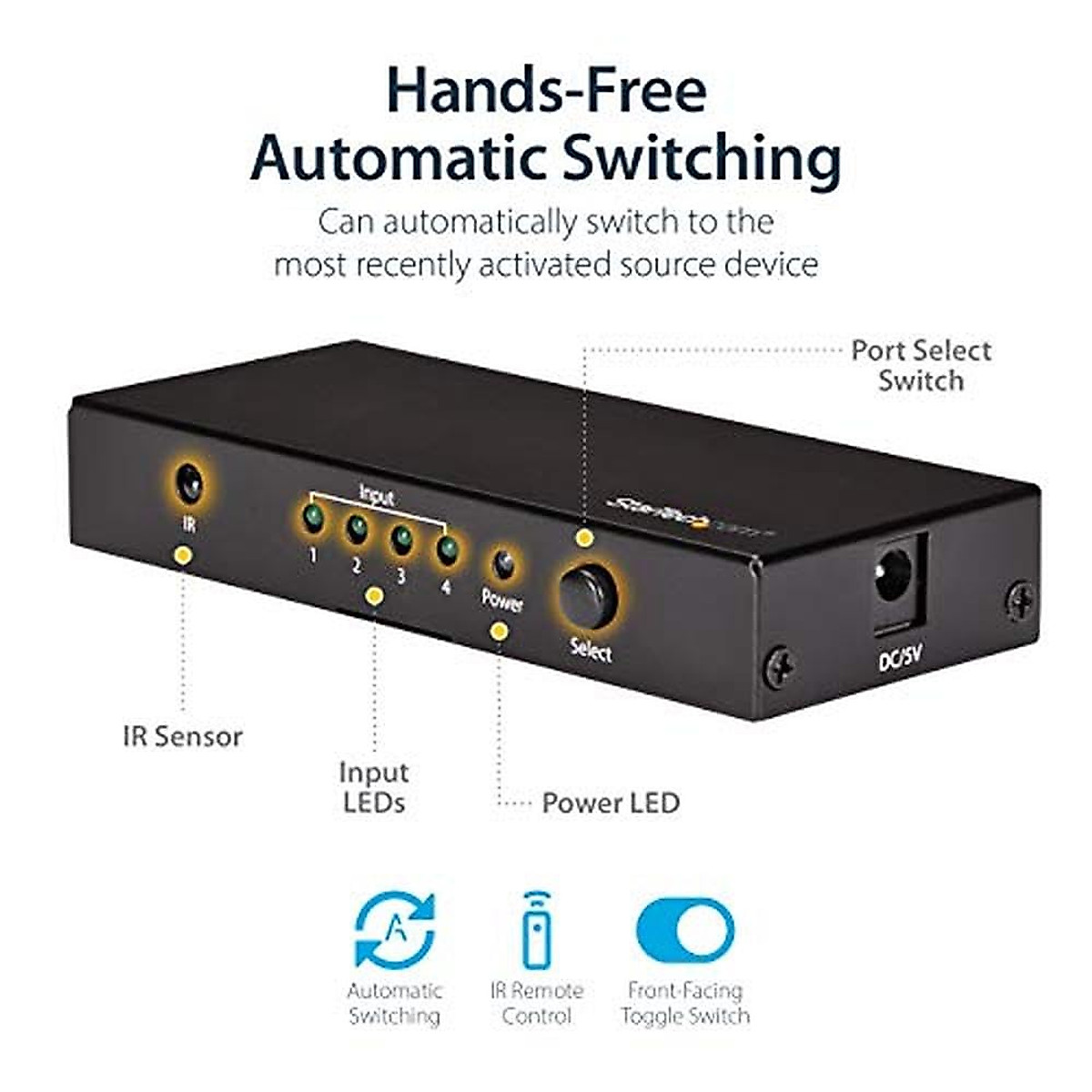 StarTech.com HDMI 2.0 Switch - 4 Port - 4K 60Hz - HDMI Automatic Video Switch Box - Multi Port Hub w/ 1 In 4 Out Functionality (VS421HD20)
