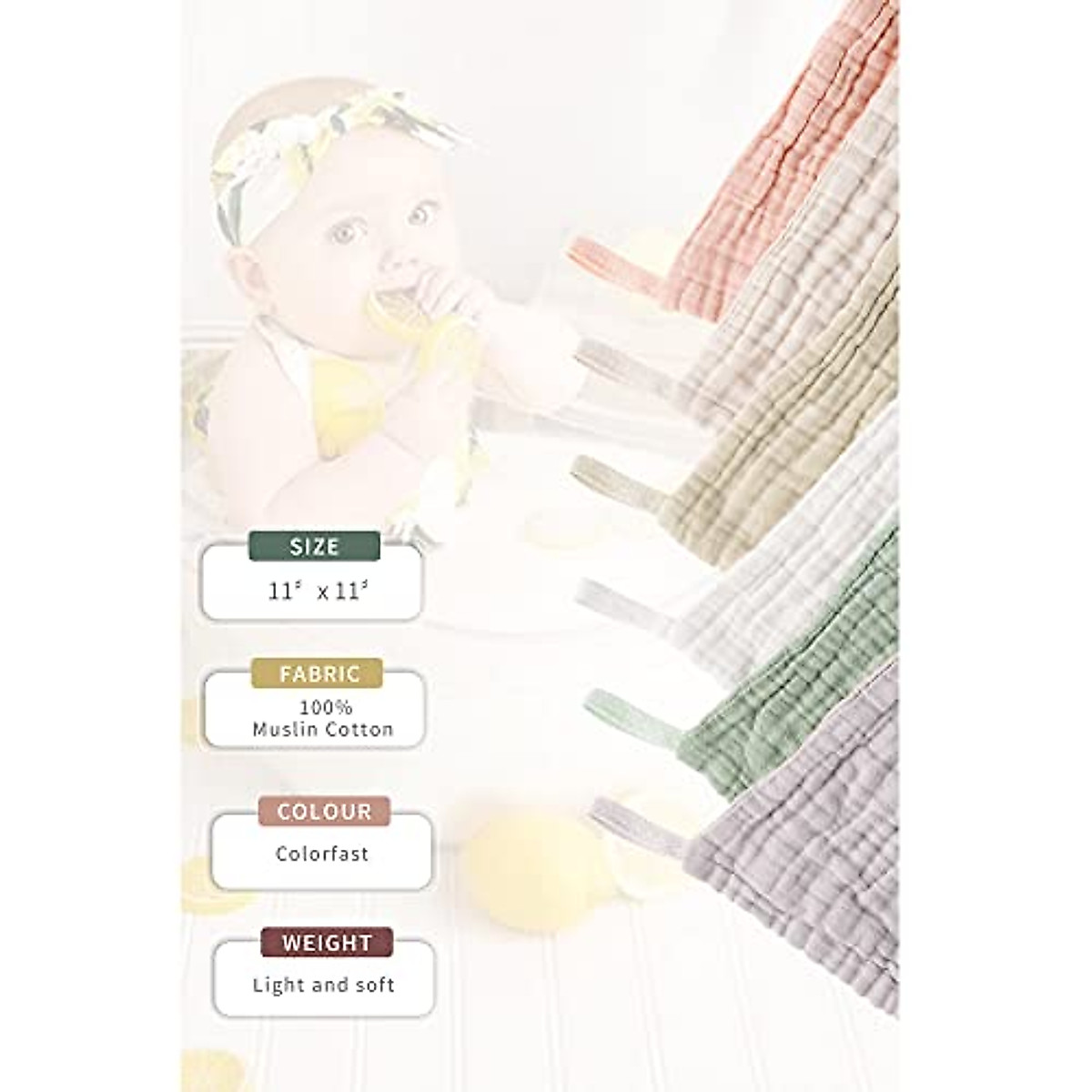 Konssy 6 Pack Baby Muslin Washcloths for Unisex 100% Cotton Wash Cloth Set for Baby Face Body Comfy and Soft for Newborn Infants Kids Girls and Boys