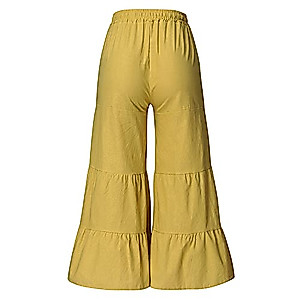 Bravetoshop Women's Cotton Linen Long Pants High Waist Drawstring Wide Leg Pants Loose Fit Casual Trousers (Yellow,XL)