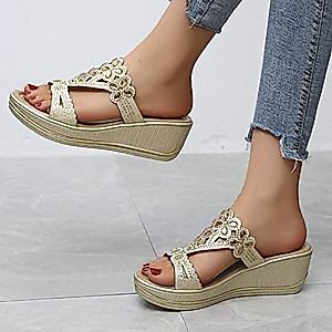 Aniywn Rhinestones Slides Sandals for Women Summer Open Toe Breathable Sandals Slip On Platform Wedge Casual Shoes