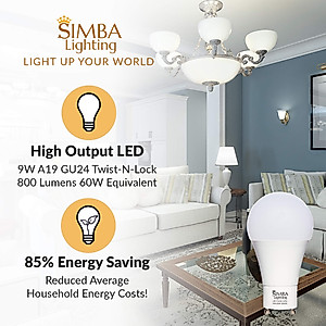 Simba Lighting LED GU24 A19 Light Bulb 9W 60W to 75W Replacement (4 Pack) 120V 2 Prong Twist and Lock Base for Ceiling Lights, Pendants, Outdoor Lanterns, Floor Lamps, Non-Dimmable, 5000K Daylight