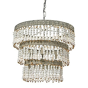 Creative Co-Op Metal & Wood Beaded Chandelier, 20.5" Round by 20" Height, Off- White