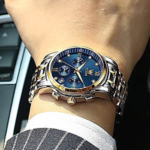 OLEVS Blue and Gold Two-Tone Watches for Men Fashion Multifunction Watches Date Waterproof Chronograph Wristwatches, Stainless Steel Watch Band Waterproof Watch Luminous