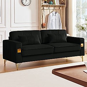 Betoko Velvet Upholstered Sofas Couches for Living Room Modern Channel Tufted Small 3 Seater Sofa Couch with Golden Metal Legs for Bedroom Office and Small Spaces (Black)