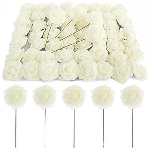 Bright Creations 60 Pack White Artificial Roses with Stems, Fake Faux Flowers Heads Bulk for Wedding Bouquets DIY & Bridal Shower, Cream, 3 inch