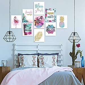 Outus Set of 9 Inspirational Prints Teen Girl Room Wall Art Flamingo Pineapple Leaf Motivational Phrases Posters Girls Bedroom Home Decorations Unframed