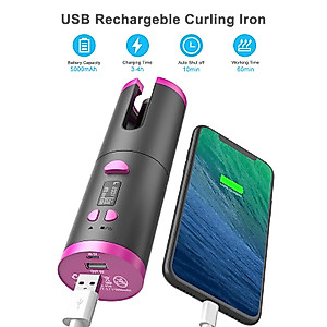 Curling Iron Automatic Cordless Hair Curler with 6 Temperature & Timer Settings, Portable Auto Shut-Off Rechargeable Curling Wand for Girls