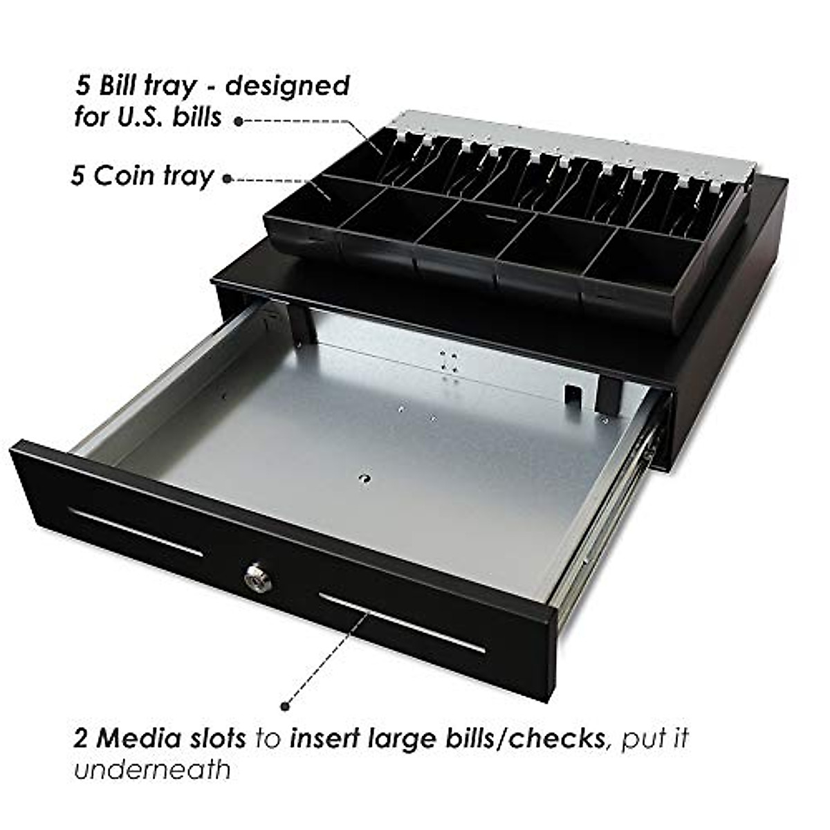 Beelta 18" Cash Drawer with Removable Tray, 5Bill/5Coin, RJ11 Cable, Key Lock, DC24V, Standard Duty, BK1816B