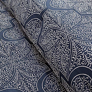 Madison Park Medina Comforter Set-Casual Jacquar Damask Design All Season Cozy Bedding, Matching Bedskirt, Shams, Decorative Pillows, Queen (90 in x 90 in), Damask Navy 8 Piece