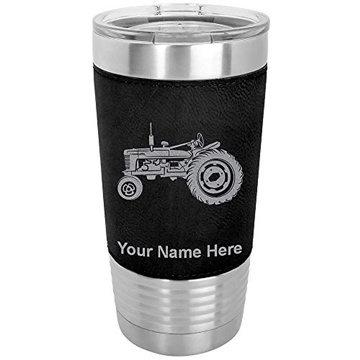 LaserGram 20oz Vacuum Insulated Tumbler Mug, Old Farm Tractor, Personalized Engraving Included (Faux Leather, Black)