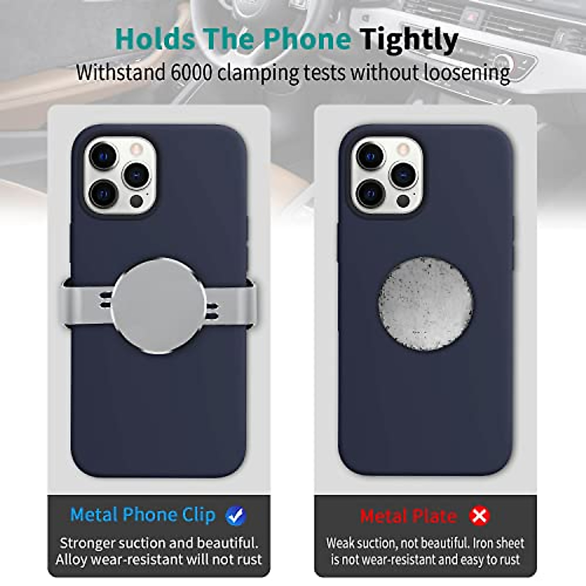Luanke Metal Phone Clamp Magnetic Mount [Clip and Remove at Anytime] All Magnet Car Holder cell phone magnetic plate Compatible iPhone 13 Pro Max, Samsung, and More (Silver)