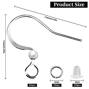 160 PCS/80 Pairs White Gold Tone Earring Hooks Hypoallergenic Ear Wires Fish Hooks with 100 PCS Clear Silicone Earring Backs and 100 PCS Jump Rings Earring Findings for DIY Jewelry Making