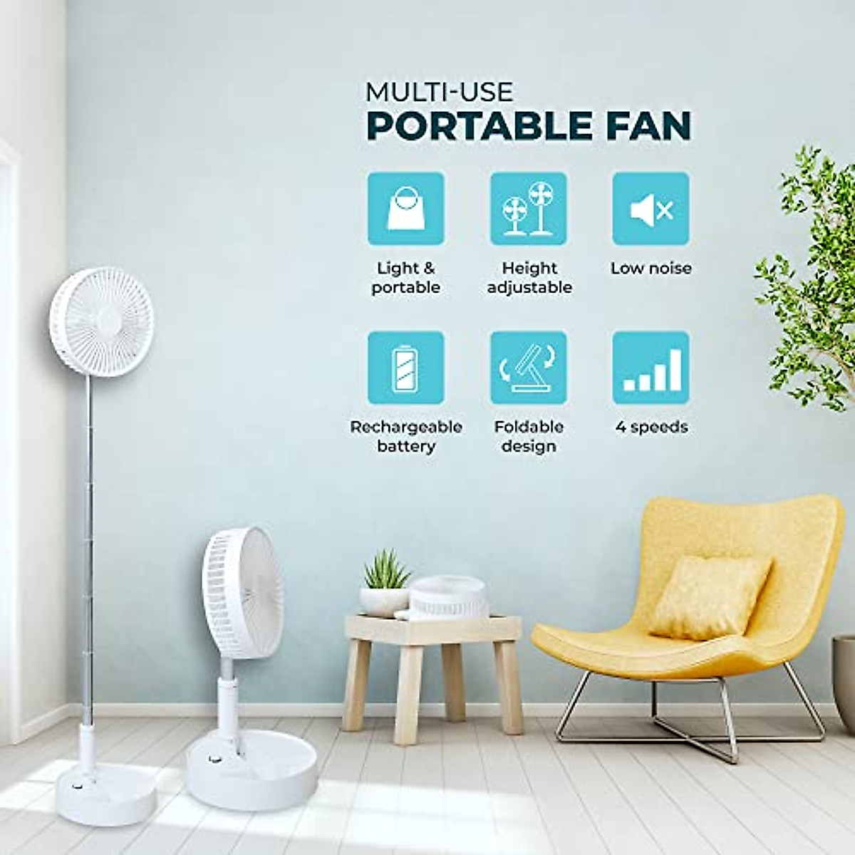 Foldable Swing Retractable Table Fan / Floor Fan with Remote Control Portable Battery Powered Fan for Home Office Outdoor Boating Camping Travel