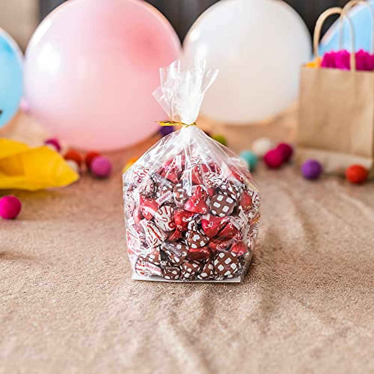 Clear Candy Bags 50 Pcs 4x4x9 Flat Bottom Cello/Cellophane Treat Bags for Bakery, Cookies, Goodie Bags with Color Twist Ties!
