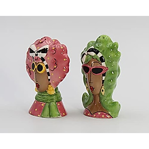 Fine Ceramic Dollymamas African American Black Fashion Lady with Sunglasses Salt & Pepper Shakers Set, 4-3/8" H