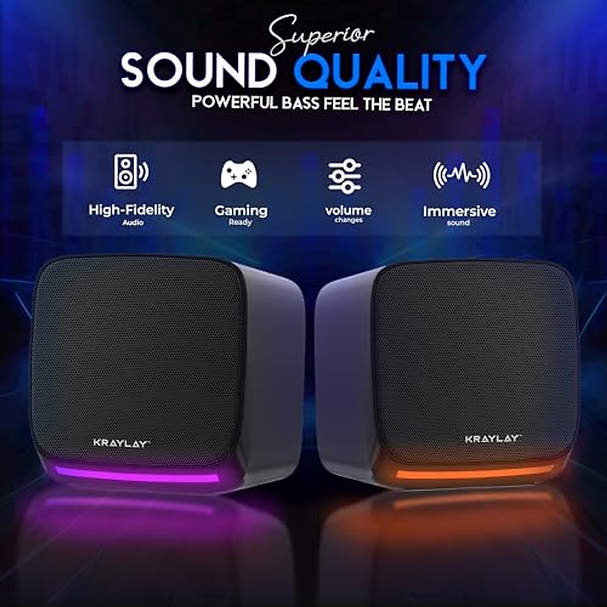 Kraylay Computer Speakers - TV Speakers with 2.0 USB Aux Powered - Monitor Speakers with RGB LED Light - Mini Multimedia Stereo Speaker for Laptop, Tablet and Cellphone