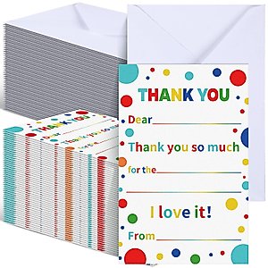 Sherr 200 Pcs Kids Thank You Card with Envelopes Fill in the Blank Rainbow Thank You Notes Birthday Postcard Colorful Dot Cardstock Confetti Appreciation Greeting Gift for Boy Girl Graduation