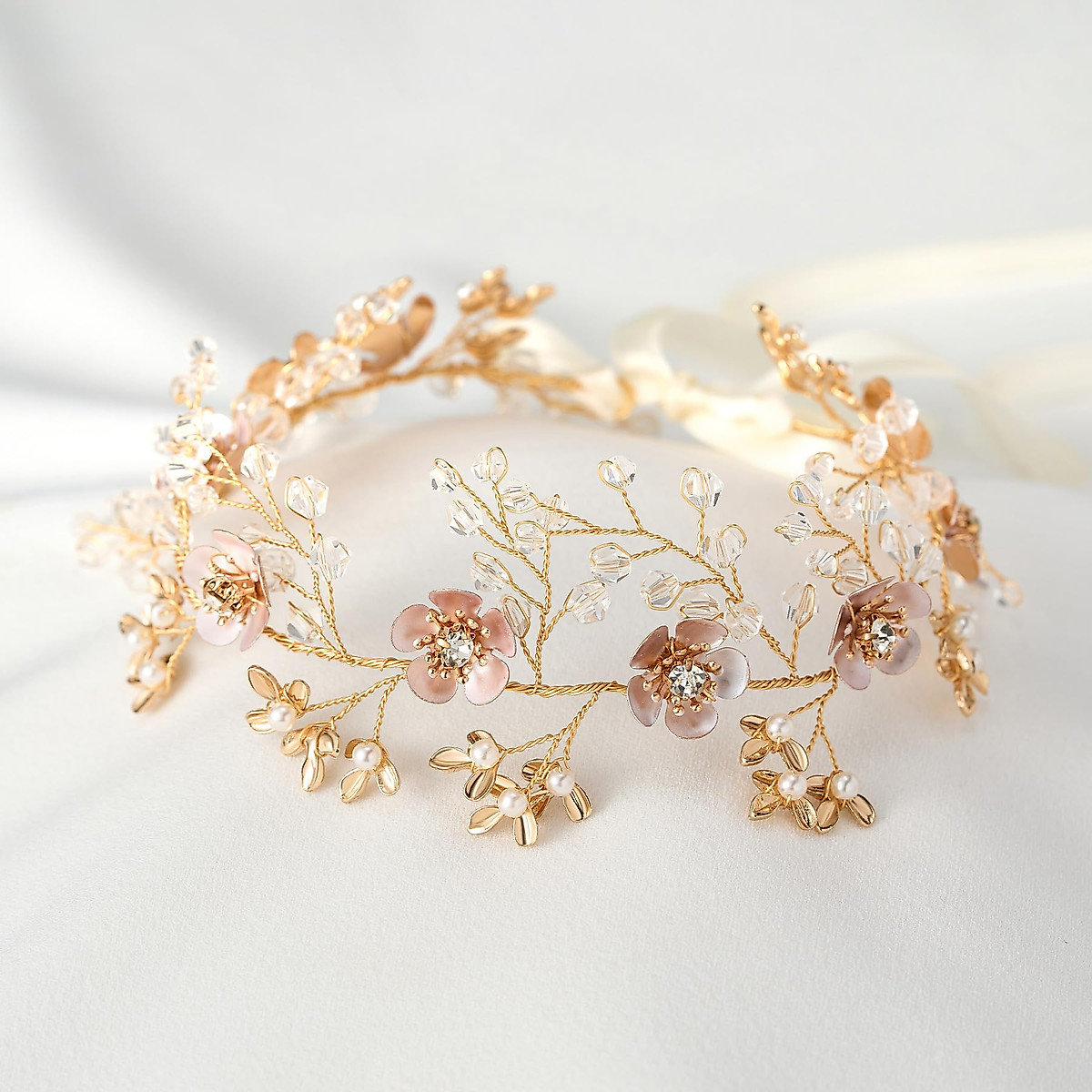 SWEETV Rose Gold Wedding Headband for Bride, Floral Bridal Headband Rhinestone Headpiece Wedding Hair Accessories