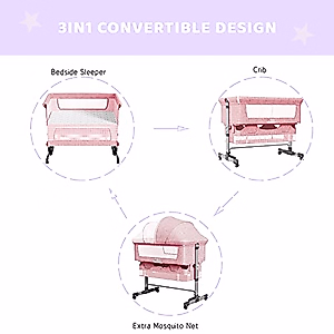 Napfox Baby Bassinet, Bedside Sleeper,Foldable Baby Bed to Bed, Adjustable Portable Bed for Infant/Baby/Newborn,with Mosquito Nets, Large Storage Bag, Comfortable Mattresses, Lockable Wheels(Pink)