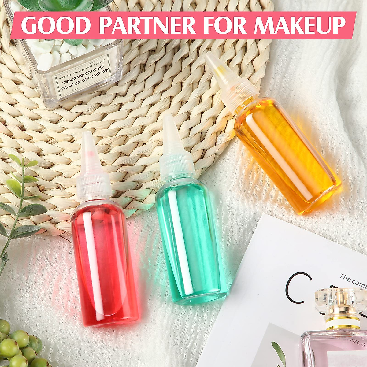 Eccliy 60 Pieces 2 oz 60 ml Plastic Bottles Applicator with Twist Top Cap Pet Refillable Plastic Empty Applicator Bottle for Hair with Clear Twist Top Cap for Hair Oils and Liquids