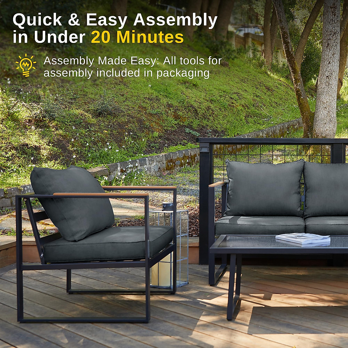 EAST OAK Courtyard Patio Furniture Set, 4-Piece Outdoor Patio Set with Sofa, Removable & Washable Deep Seating Cushion, Tempered Glass Table, Outside Patio Conversation Sets, Black & Dark Grey