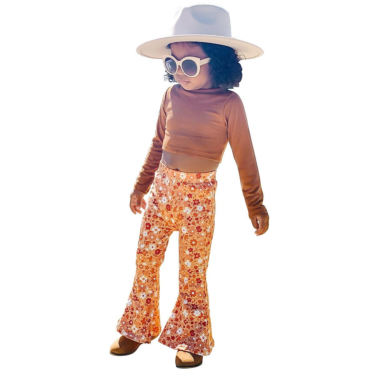 Daisy Del Sol Little Girls Boho Bell Bottom Stretch Legging Flared Soft Yoga Pants Toddler Childrens Kids 2T-8 Years (Gold Floral, 2T)