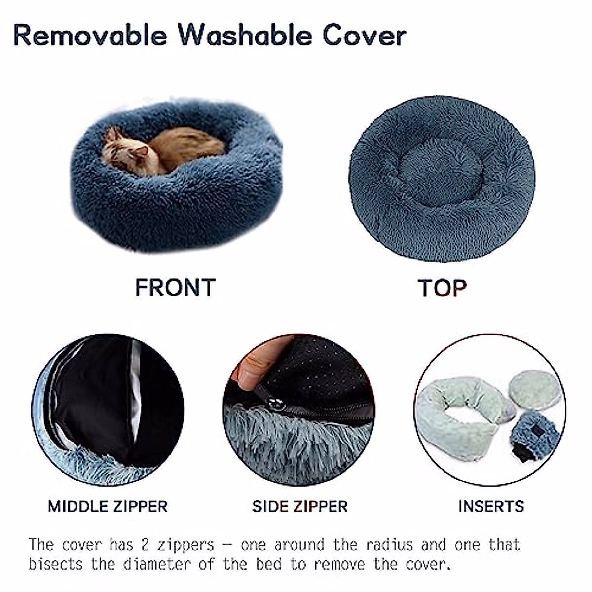 Yvnicll Calming Dog & Cat Bed with Blanket,Pet Beds for Small Dogs Bed with Removable Washable Cover,Anti Anxiety Dog Bed Cuddler Fluffy Faux Fur Plush Pet Donut Round Bed for Small Dogs（Navy,XS,20"）