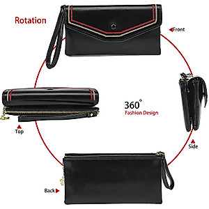 ENYISDAN Detachable Wristlet Wallets for Women 2-in-1 Long Purse Clutch Embroidery Leather Zip Black