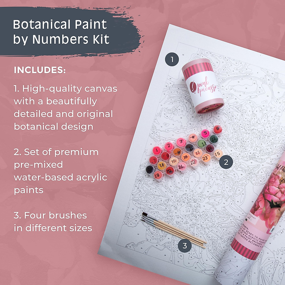 Pink Picasso Kits Botanical Floral Paint by Number for Adults | DIY Canvas Painting Kits Color by Numbers Drawing Arts and Drawing Crafts As Seen On Shark Tank | (Petal Power) 16x20 - Paint Kit Set