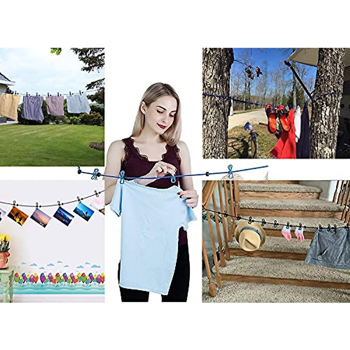 Portable Elastic Travel Clothesline with 12pcs Clothespins Travel Gadgets, 10 Clothespins, Retractable Elastic Laundry Clothes Line for Backyard, Vacation Hotel, Balcony Clothes Drying Line(Black)