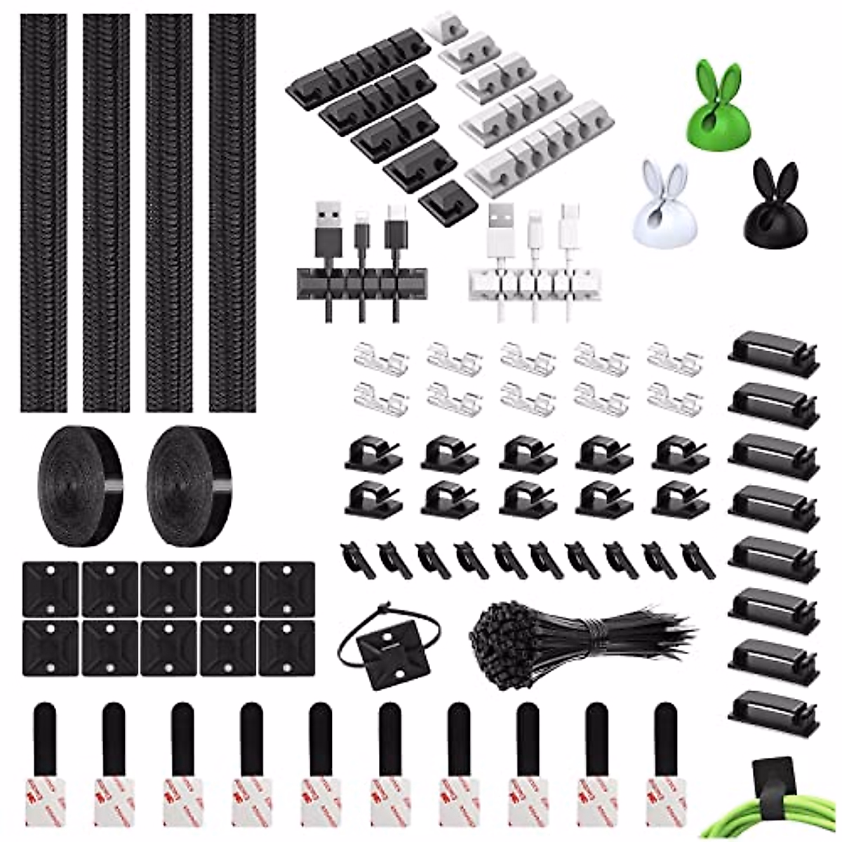 MOGINSOK 177pcs Cable Management Kit, 4xCable Sleeves 10 Cable Cord Holders 41 Cable Clips/Straps 100pcs Cable Ties 2 Roll Self Adhesive 20pcs Velcro Tape Cable Organizers for Car Desk Home Office