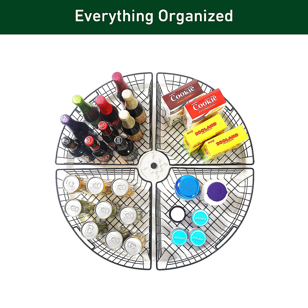 Lazy Susan Wire Storage Organizer Basket with Handle-Metal Organizing Storage Bins-Kitchen Cabinet Storage Organizer-1/4 Wedge Can Organizer (Black, 4)