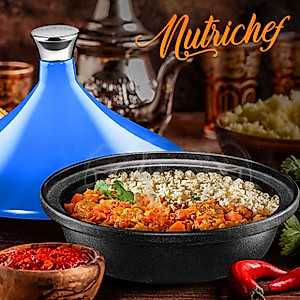 NutriChef Cast Iron Moroccan Tagine - 11.6 Inch Tajine Cooking Pot with Stainless Steel Knob, Enameled Base, Cone-Shaped Enameled Lid - Oven and Dishwasher safe - 2.75 Quart, Blue