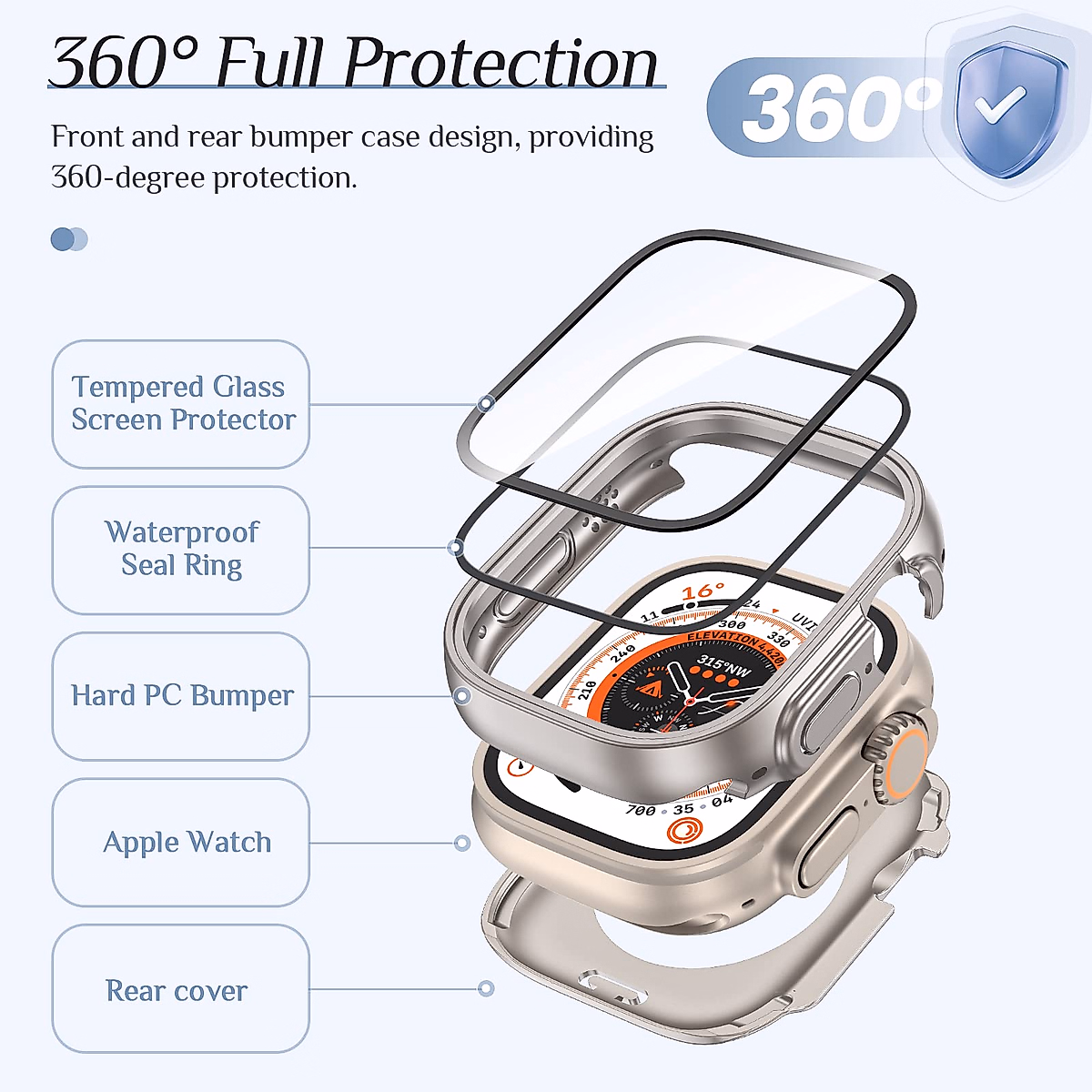 Goton 2 in 1 Waterproof Case for Apple Watch Ultra Ultra 2 2024 Screen Protector 49mm, 360 Protective Glass Face Cover Hard PC Bumper + Back Frame for iWatch Ultra Accessories 49 mm, Titanium